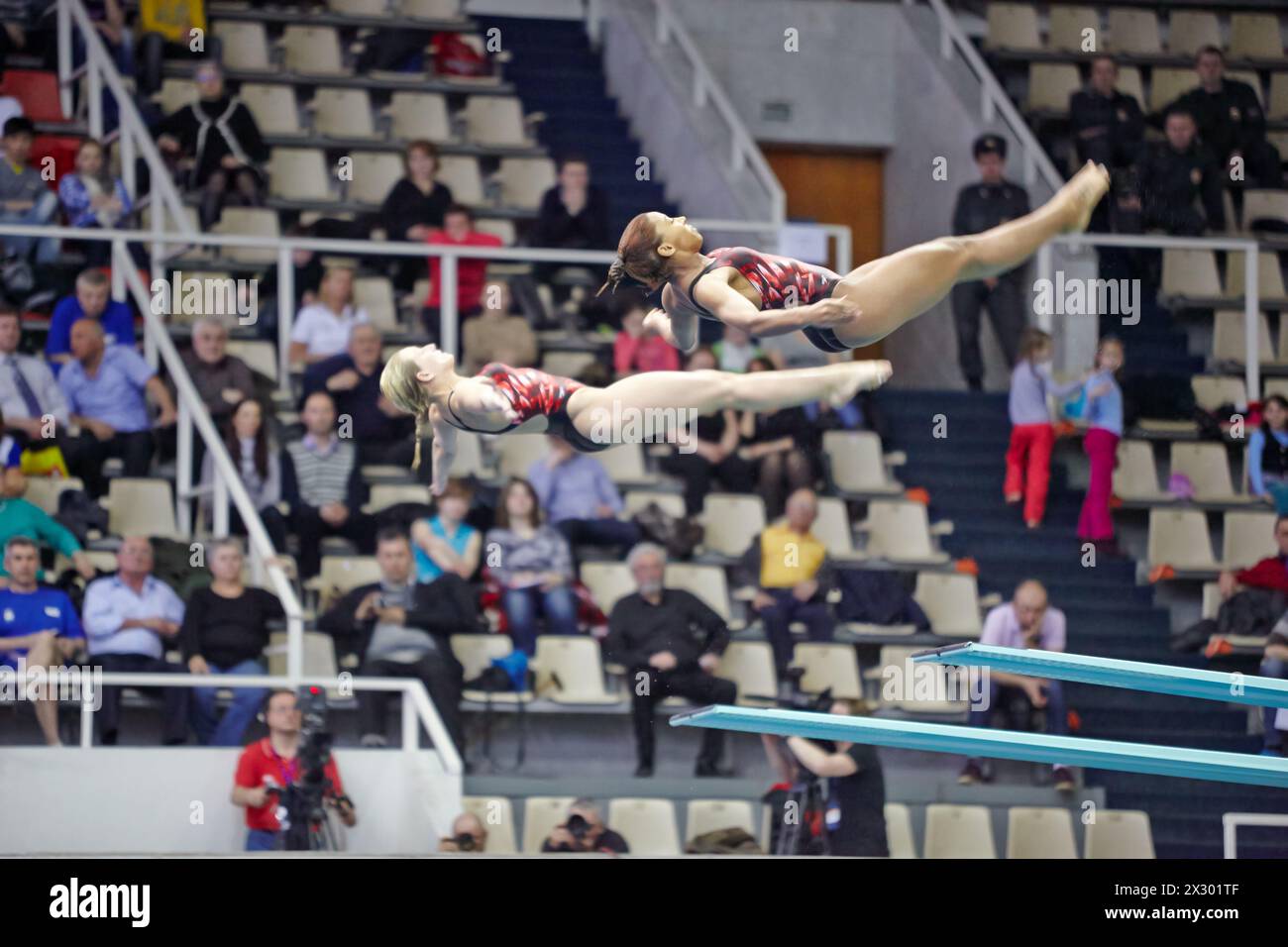 MOSCOW - APR 13: Female athletes perform exercise on syncronized ...