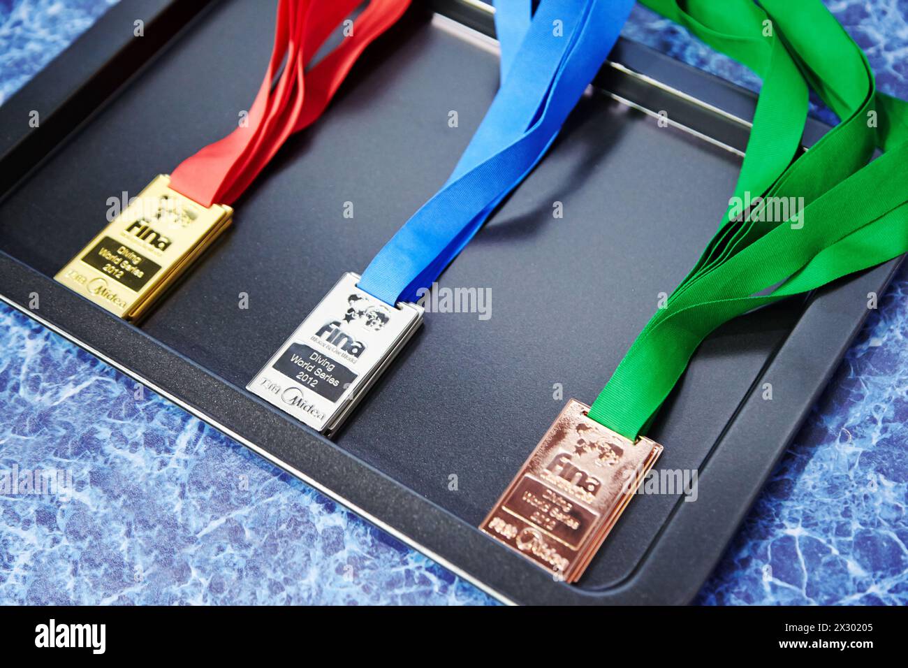 MOSCOW - APR 13: Golden, Silver and Bronze medals at competitions in ...