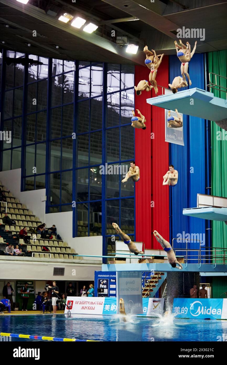 MOSCOW - APR 13: (Serial shots) Athletes jump from tower at ...