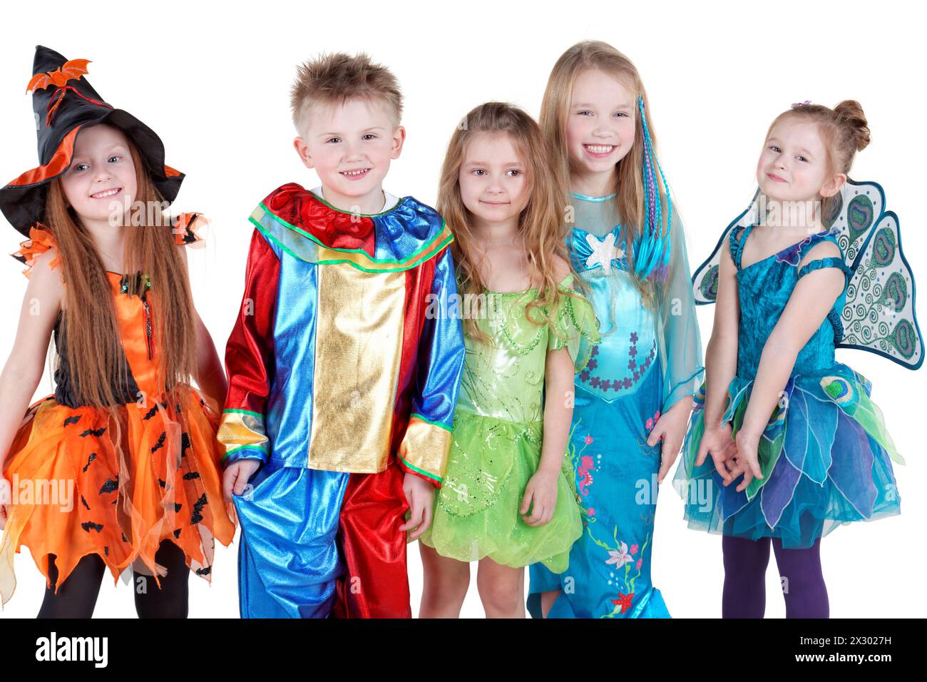 Smiling children in carnival costumes stand in line Stock Photo - Alamy
