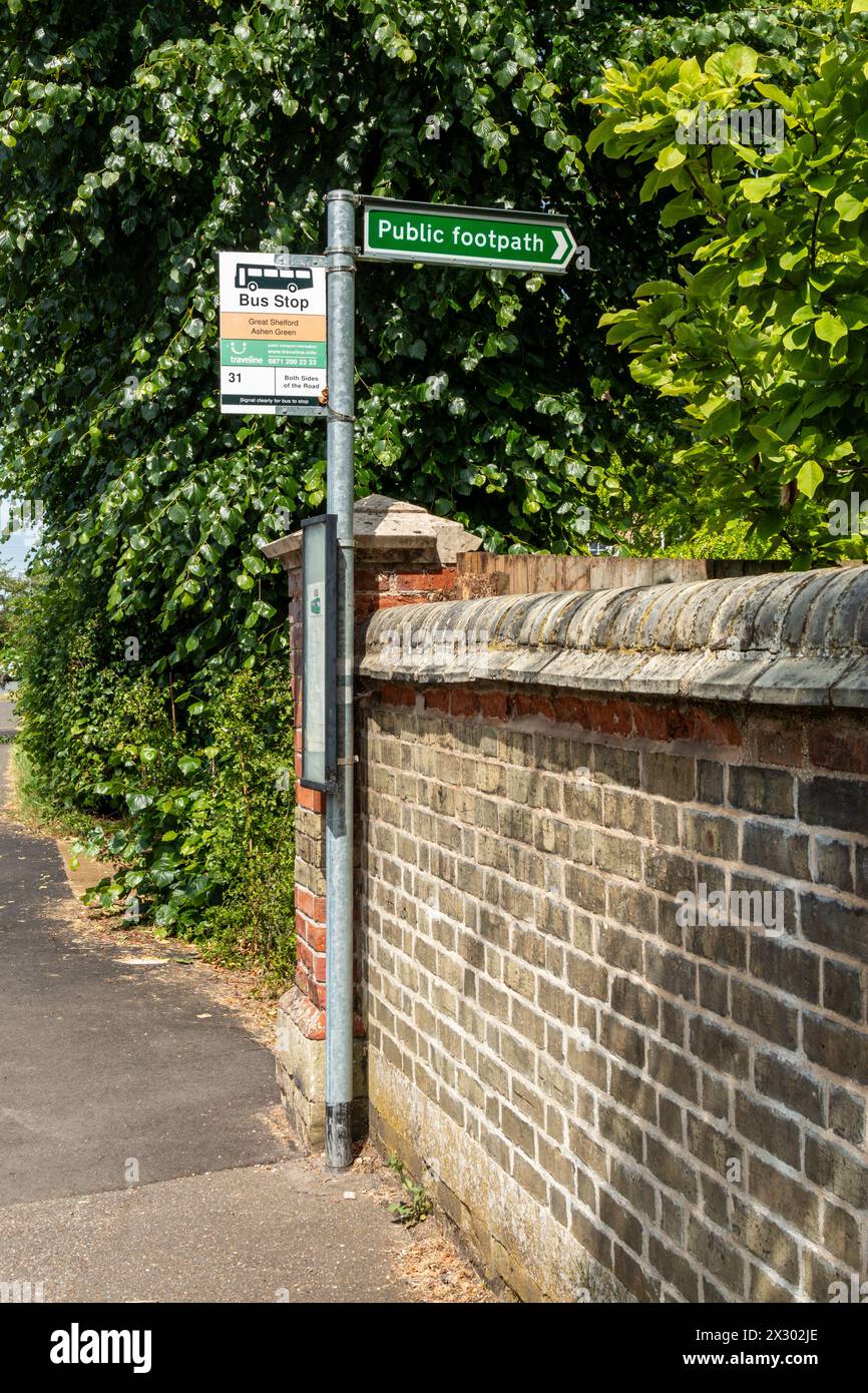 British bus stop and public footpath signs, Great Shelford, England, UK ...