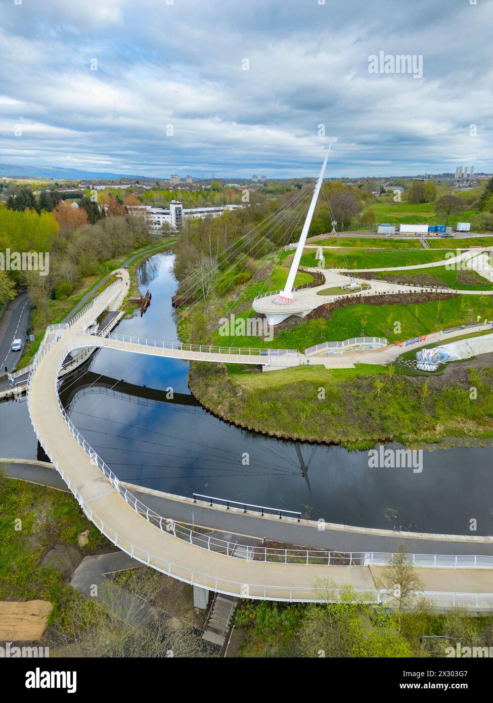 Aerial view from drone of Stockingfield Bridge crossing the Forth and ...