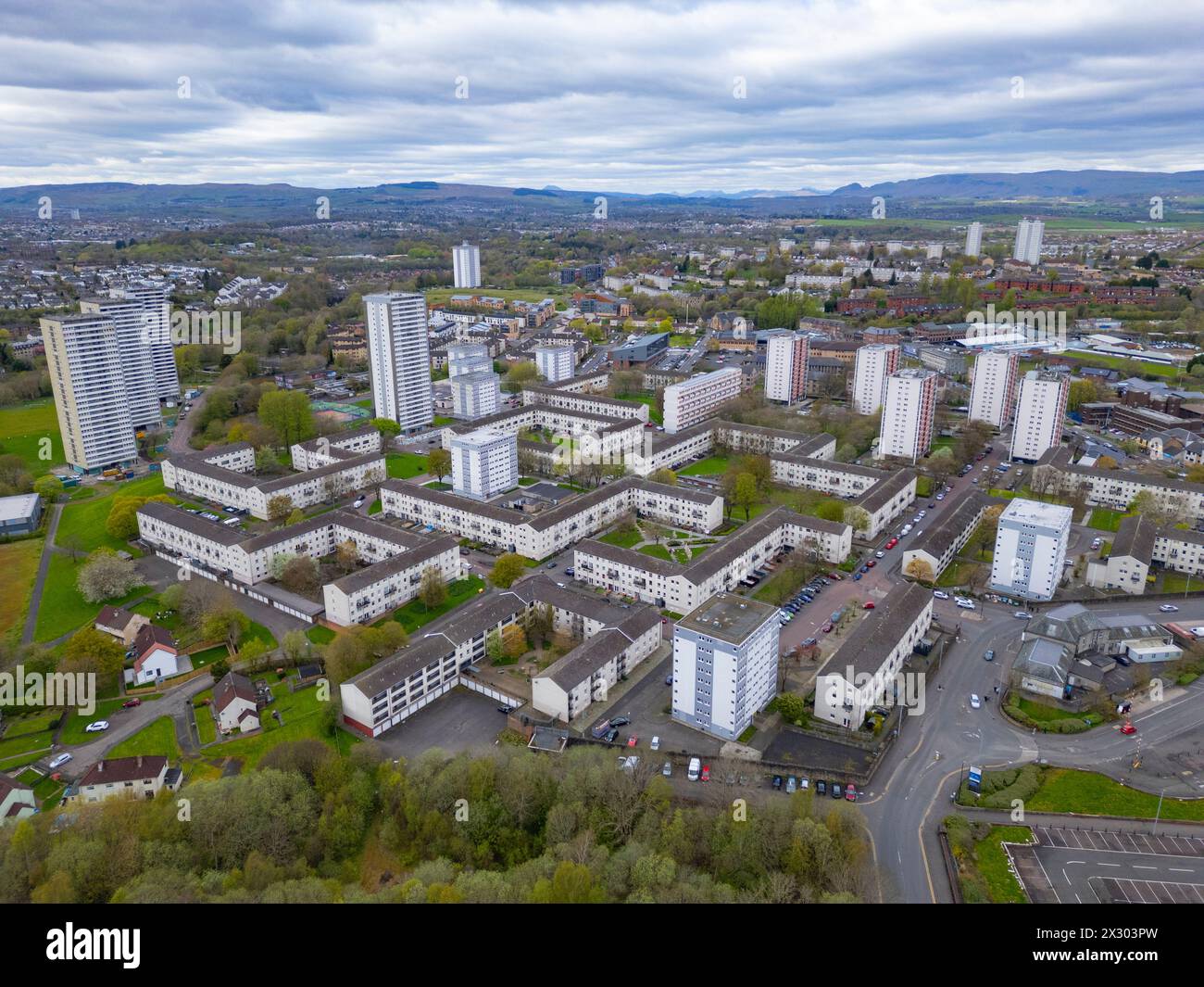 Aerial view from drone of social housing estate at Wyndford in Maryhill ...