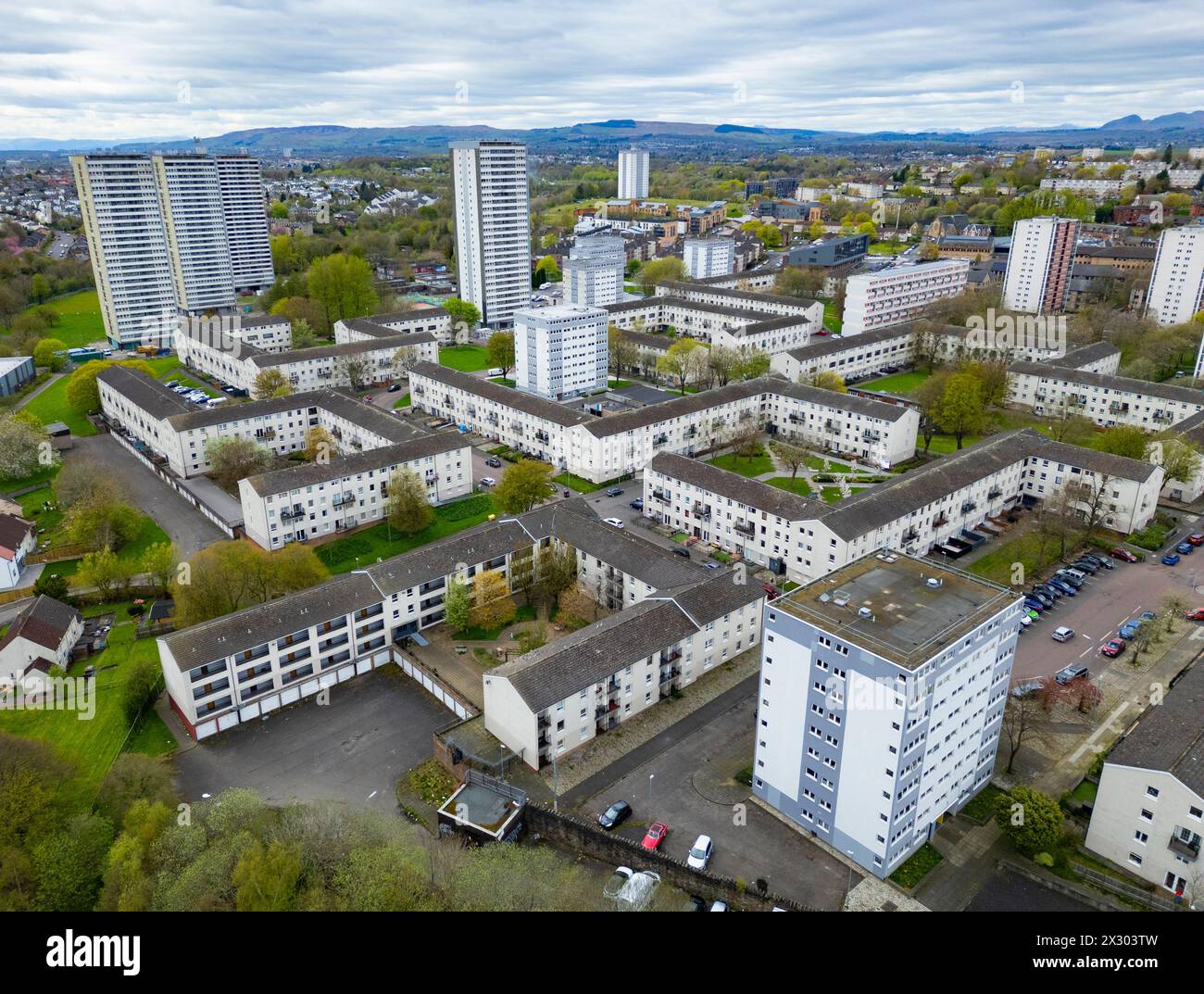 Aerial view from drone of social housing estate at Wyndford in Maryhill ...