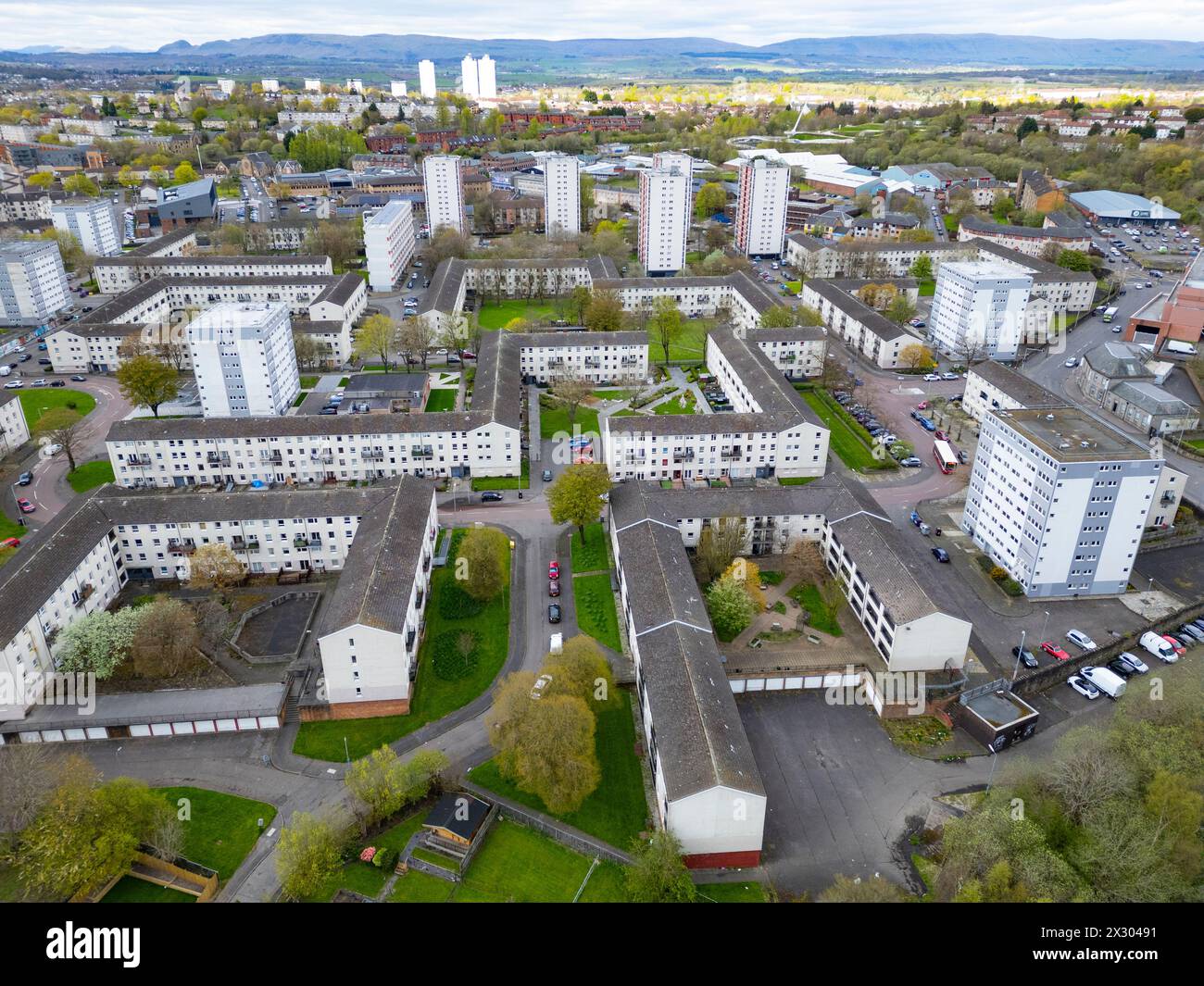 Aerial view from drone of social housing estate at Wyndford in Maryhill ...