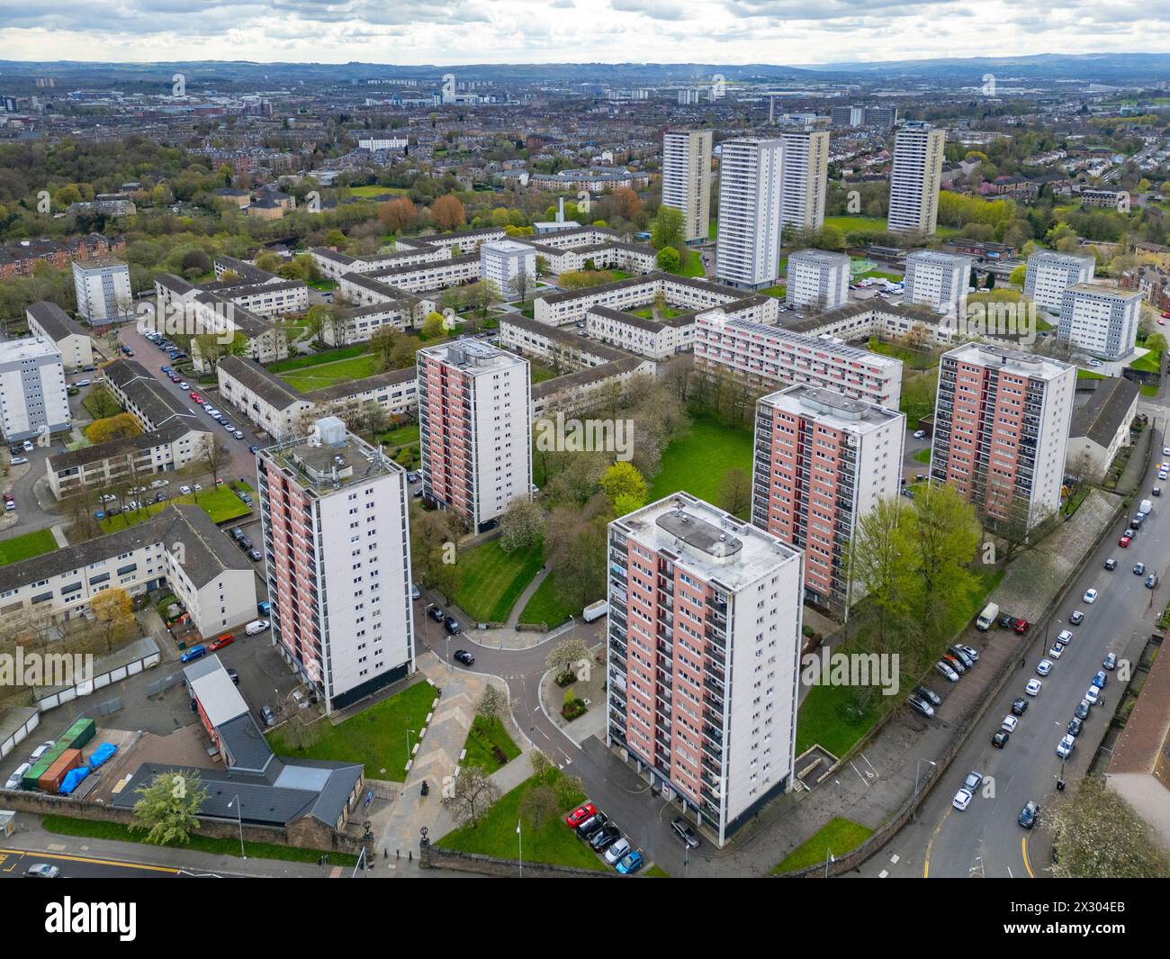 Aerial view from drone of social housing estate at Wyndford in Maryhill ...
