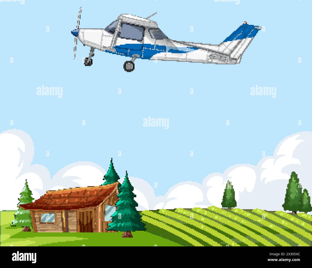 Vector illustration of a plane above a rural house Stock Vector Image ...