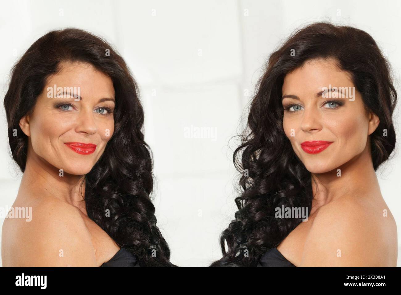 Attractive brunette models. Young and old woman on white background ...