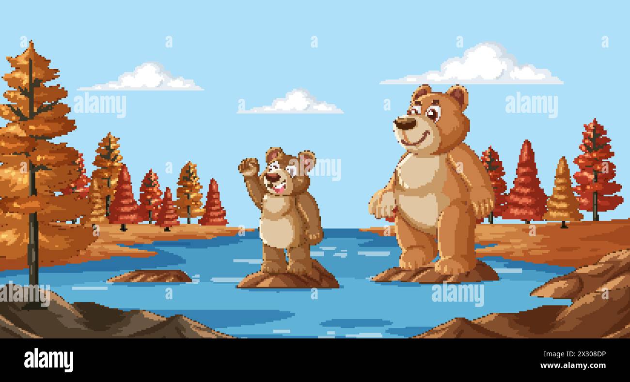 Two cartoon bears standing near a river in fall Stock Vector Image ...