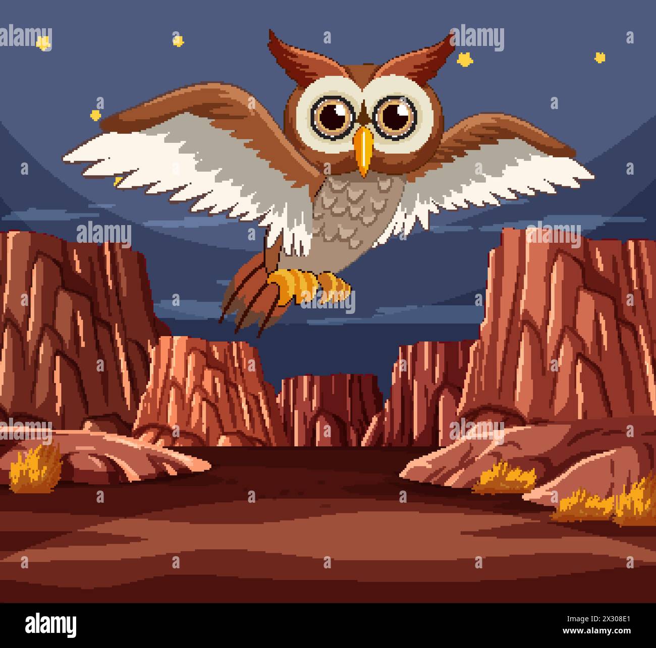 Cartoon owl flying in a starry canyon scene Stock Vector Image & Art ...