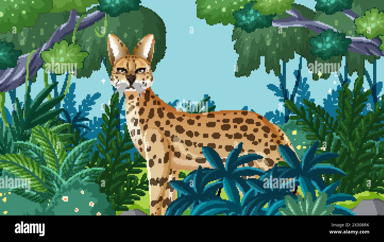Vector illustration of a serval in a dense forest Stock Vector Image ...