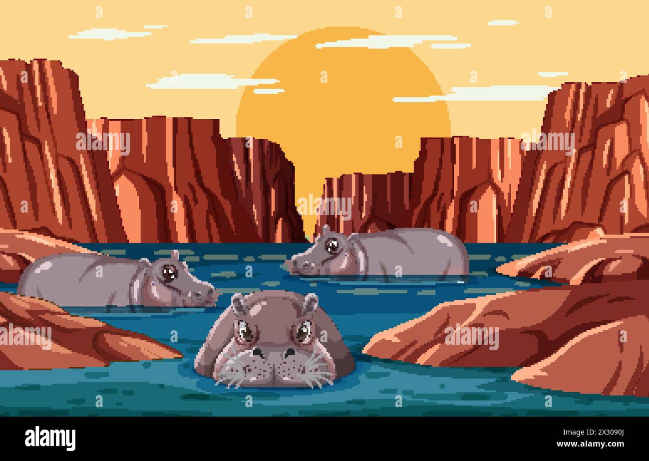 Three hippos in a river with a sunset backdrop Stock Vector Image & Art ...