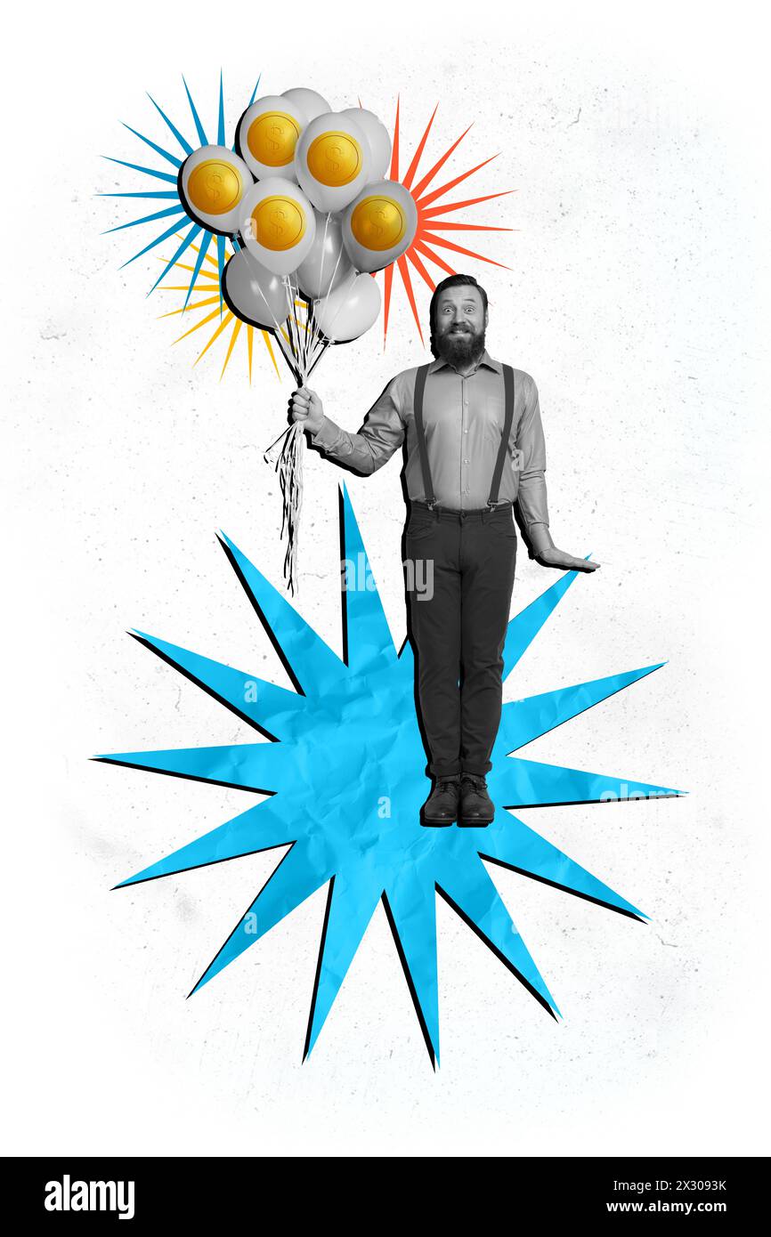 Vertical photo collage of happy astonished guy hold air balloons string ... Vertical photo collage of happy astonished guy hold air balloons string ...