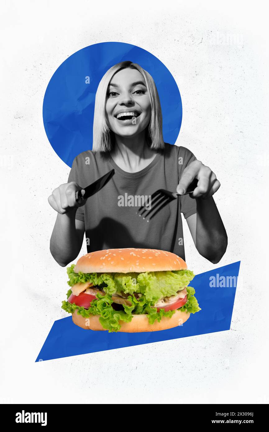 Vertical photo collage of happy excited blonde girl hold fork knife ...