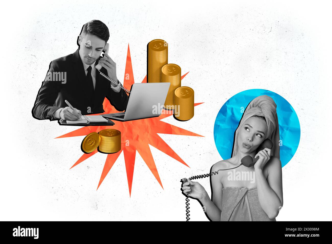 Composite photo collage of lazy girl morning spa phone call husband ...