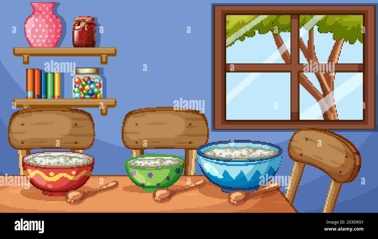 Colorful dining setup with bowls and window view Stock Vector Image ...