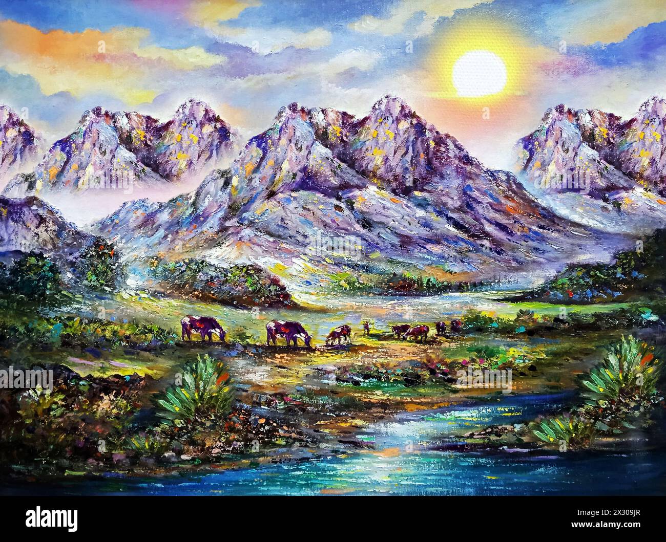 hand drawn art painting oil color rocky mountain landscape Stock Photo ...