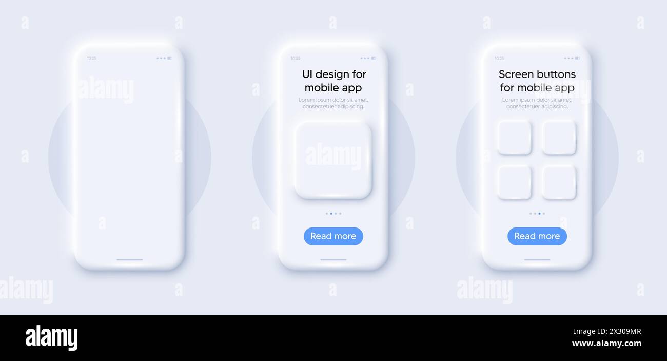 Phone screen mockups. Cellphone 3d frame with app templates. Smart ...