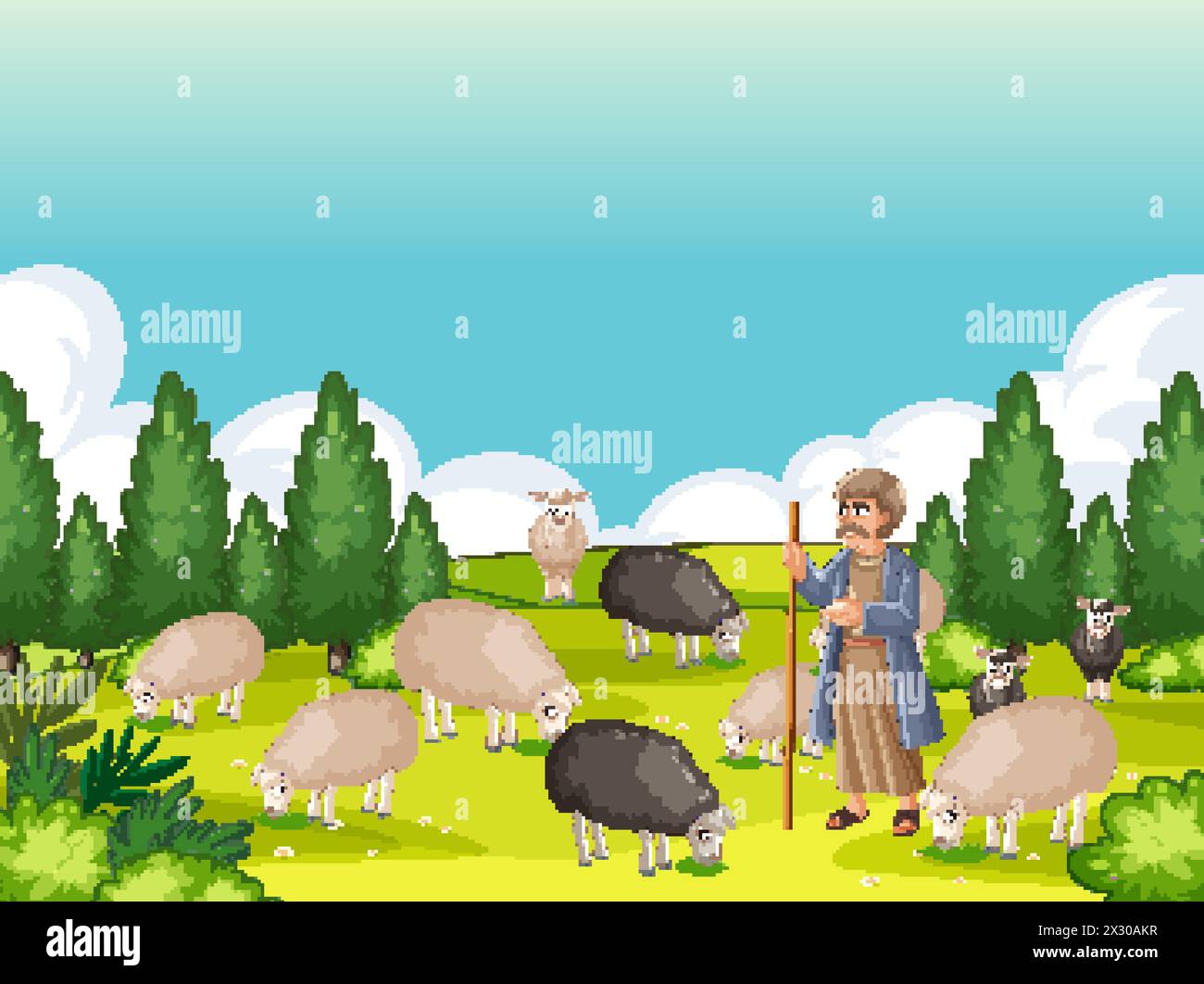 Cartoon shepherd with sheep in a green field Stock Vector Image & Art ...