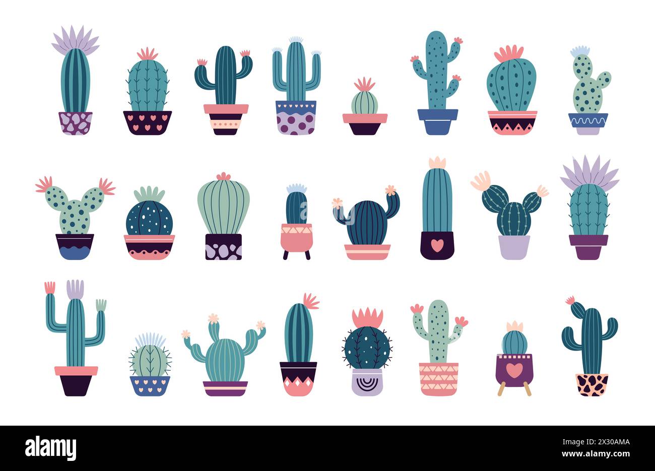 Big Set of blooming cacti, succulents in pots. Cute cartoon cactus ...
