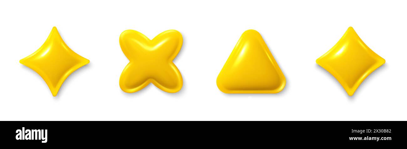Set of yellow different 3d shapes. Stars, triangle glossy elements ...