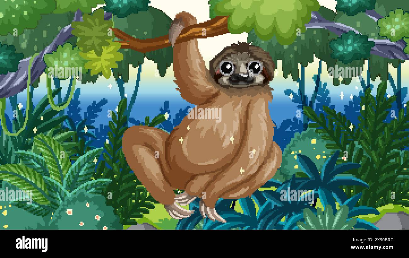 Vector illustration of a sloth in the rainforest Stock Vector Image ...