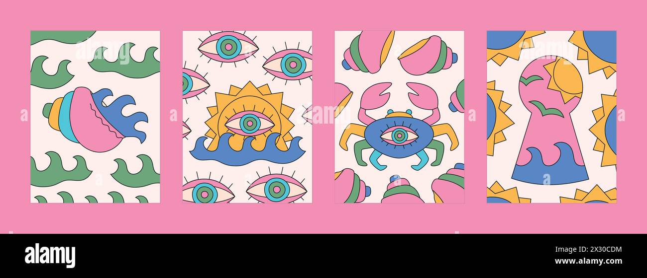 Summer groovy bright cartoon cards set. Trippy colorful simple designs ...