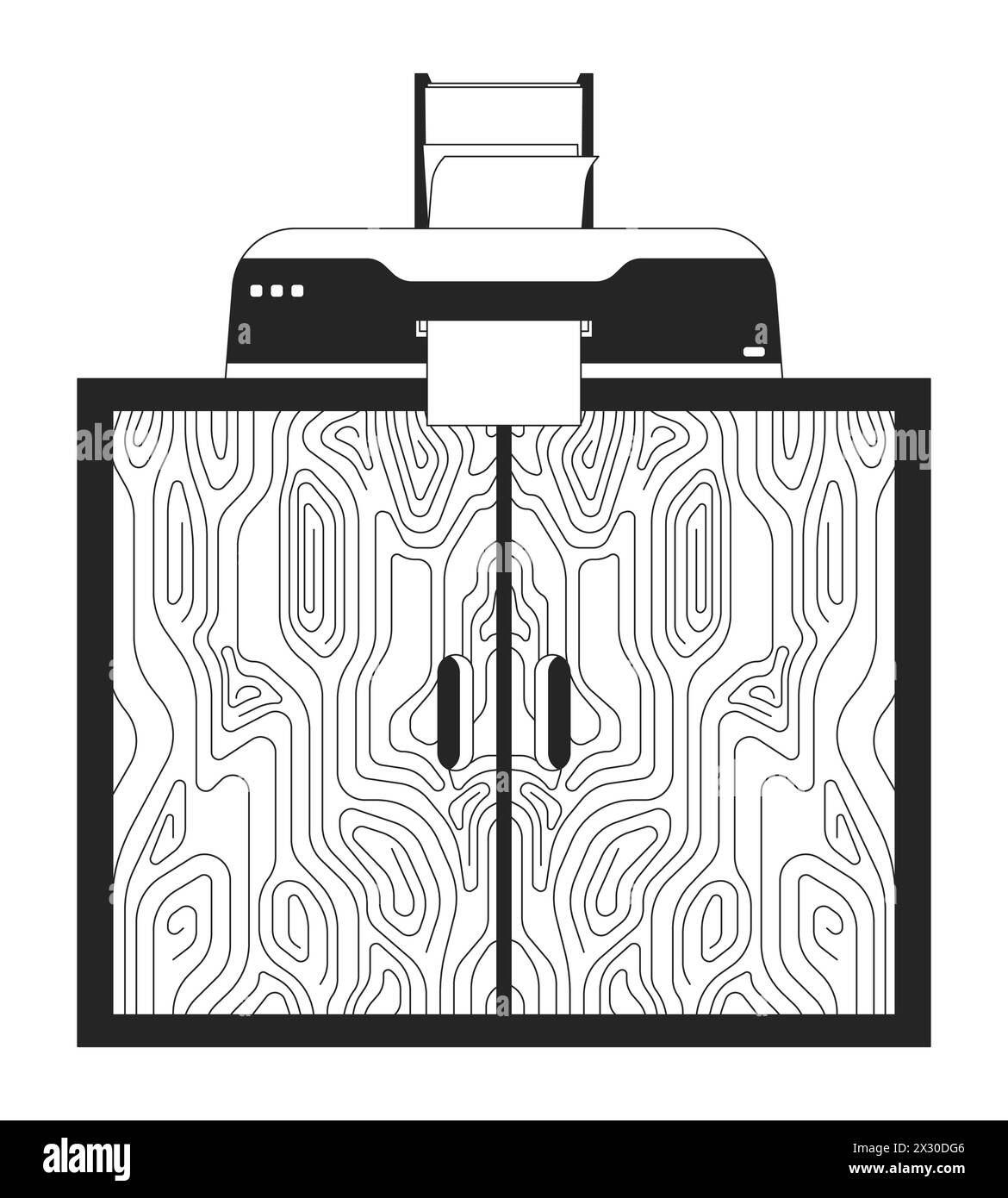 Printer with paper sheet on cabinet black and white 2D line cartoon ...