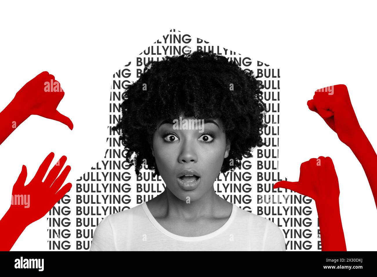 Composite photo collage of astonished scared american girl hand show ...