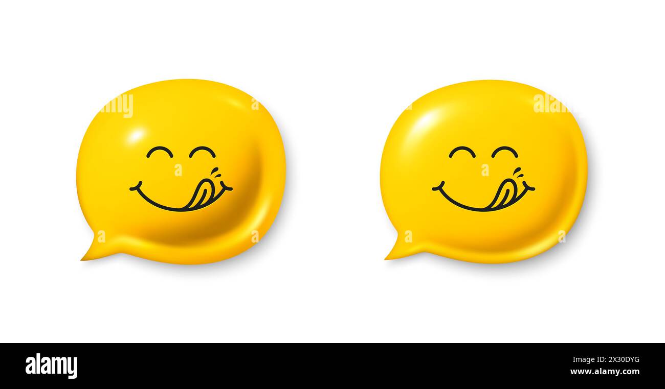 Yummy smile 3d emoticon with tongue lick mouth. Tasty food eating emoji ...