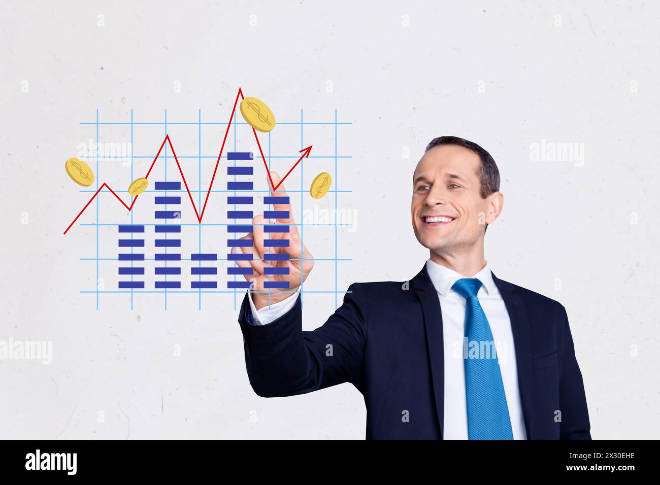 Composite photo collage of happy businessman point chart arrow up ...