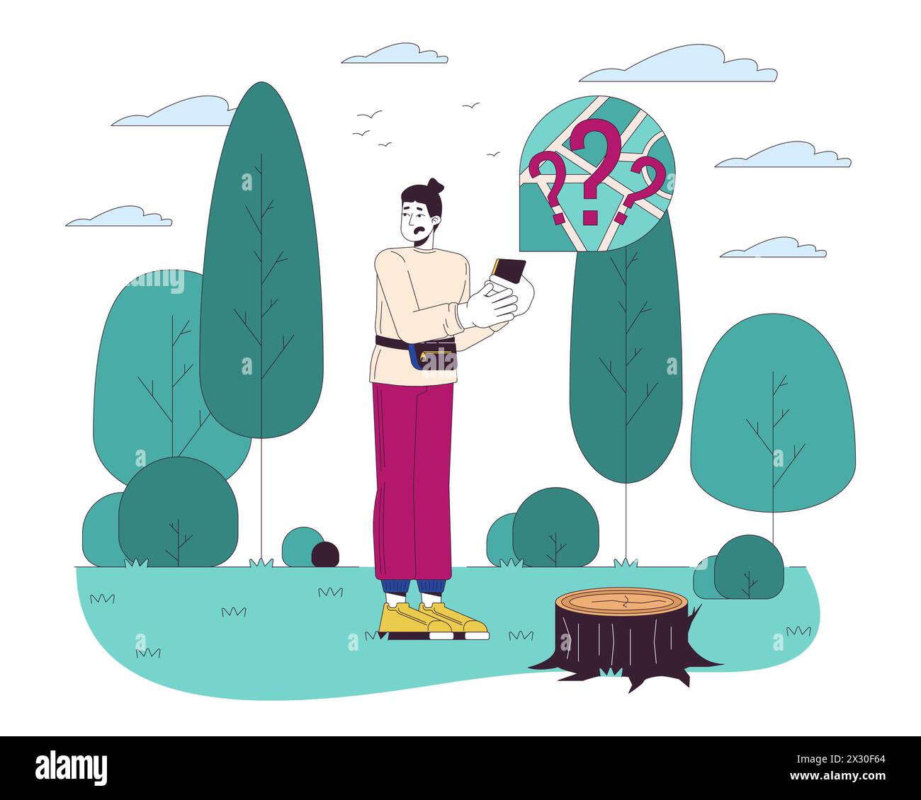 Caucasian man getting lost in forest line cartoon flat illustration ...