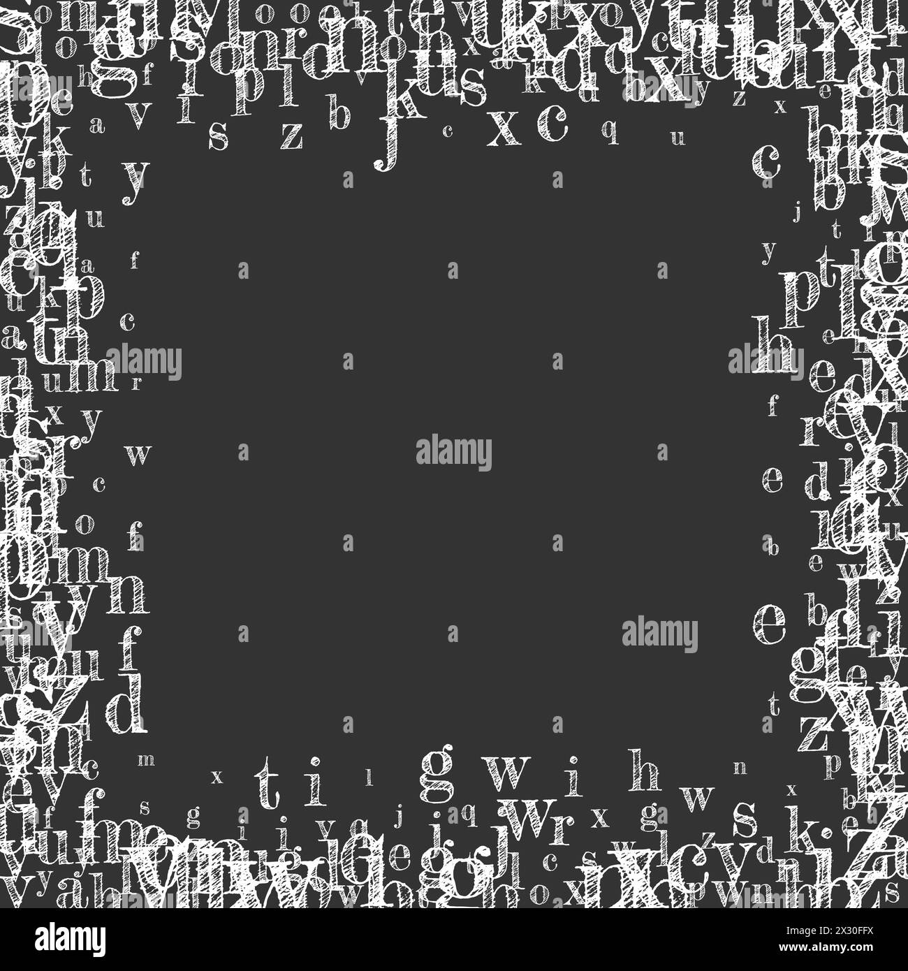 Falling letters of English language. White chalk characters of Latin ...