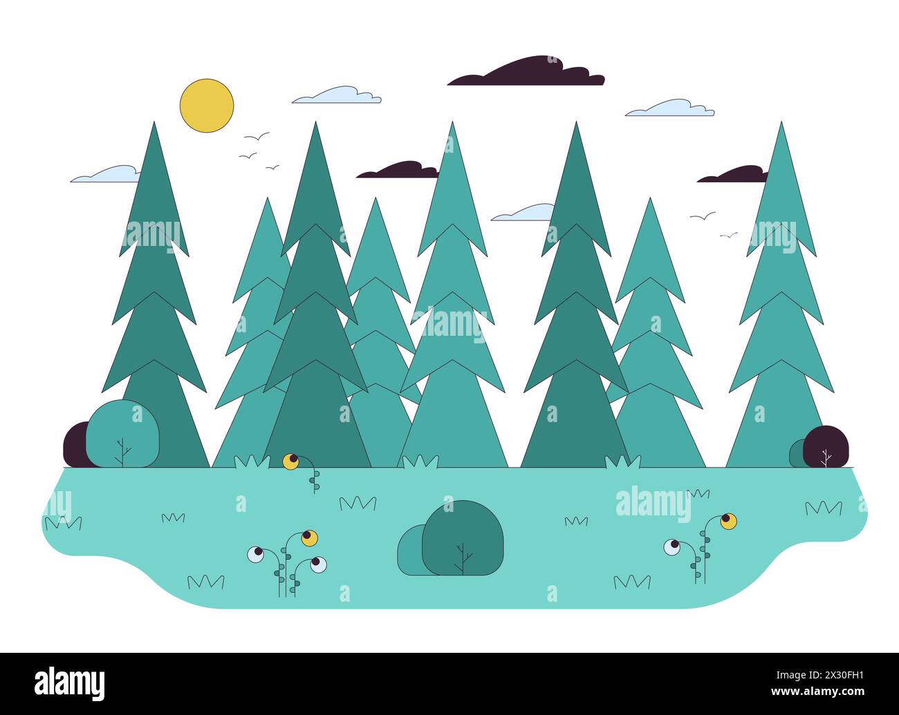 Deep pine forest line cartoon flat illustration Stock Vector Image ...