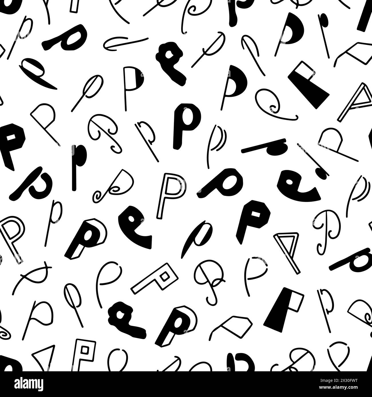 Black and White P Letters Pattern Spread Chaotically on a Seamless ...