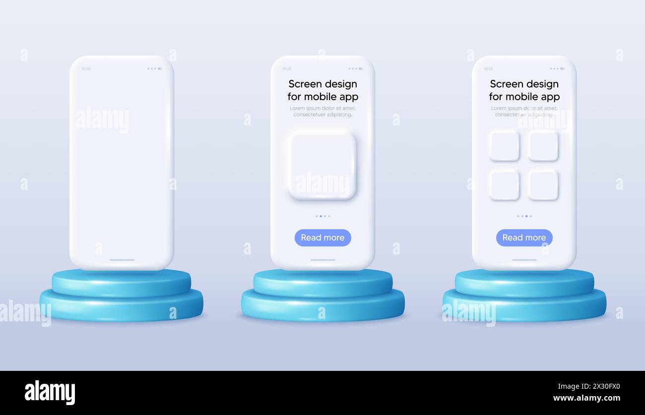 Phone screen mockups on the 3d podium stage. Cellphone templates with ...