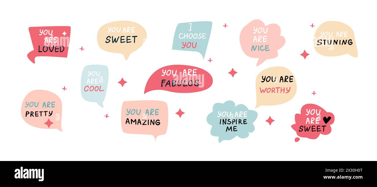 Set of speech bubbles with compliment phrases, self love quotes. Vector ...