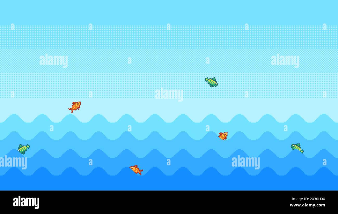 Pixel art sea waves background with fish jumping out of water. Vector ...