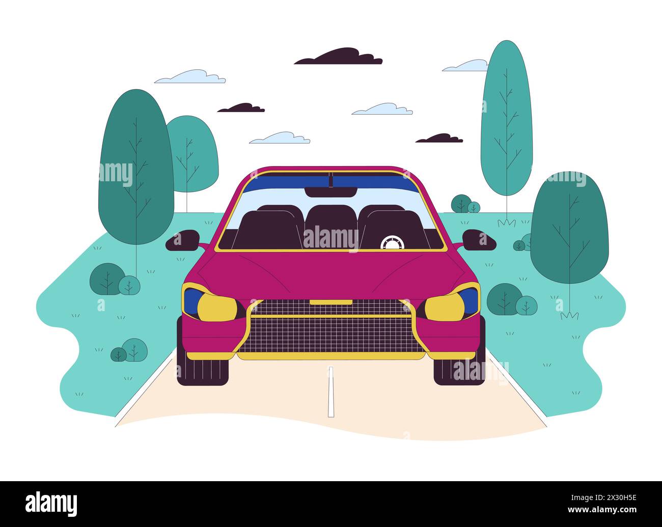 Car driving along rural road line cartoon flat illustration Stock ...