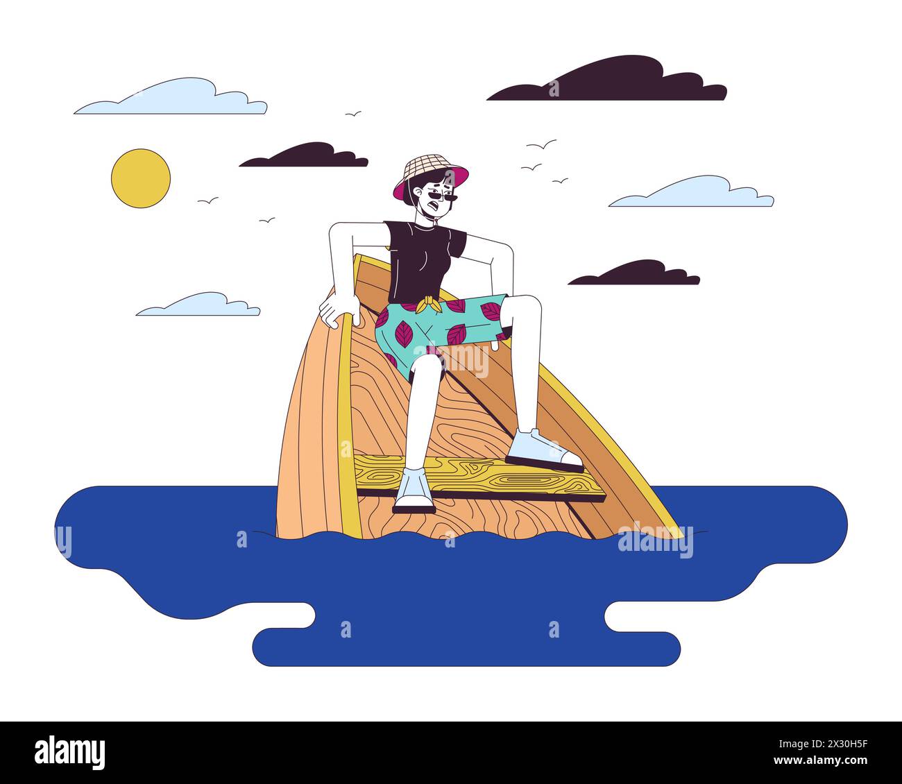 Asian woman surviving boat accident line cartoon flat illustration ...