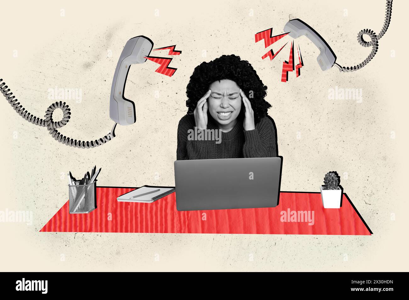 Composite photo collage of upset american girl operator telephone ...