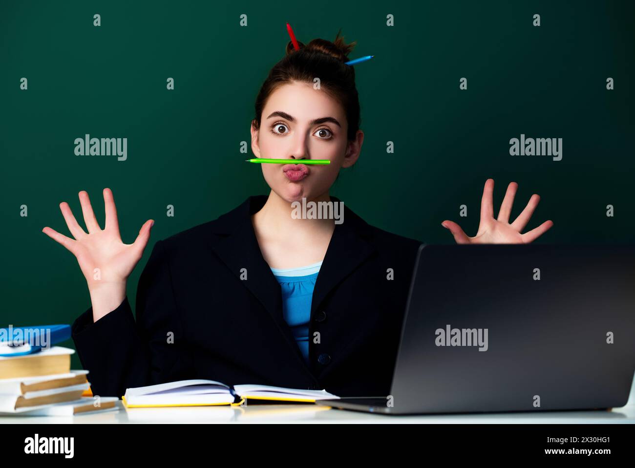 Funny funky school girl want rest relax make break pause fool grimace ...