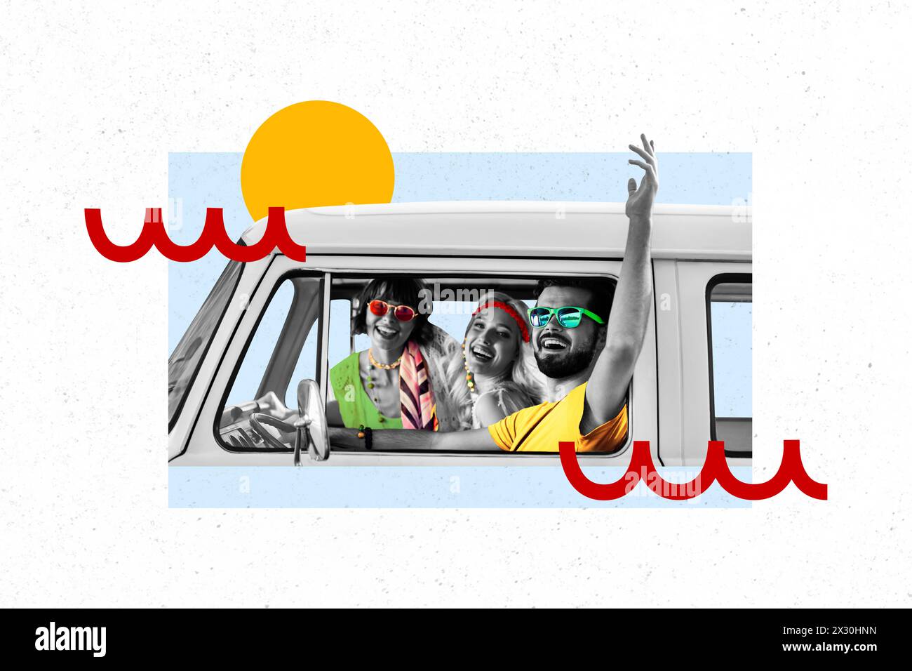 Creative picture collage young happy best friends vehicle drive car go ...