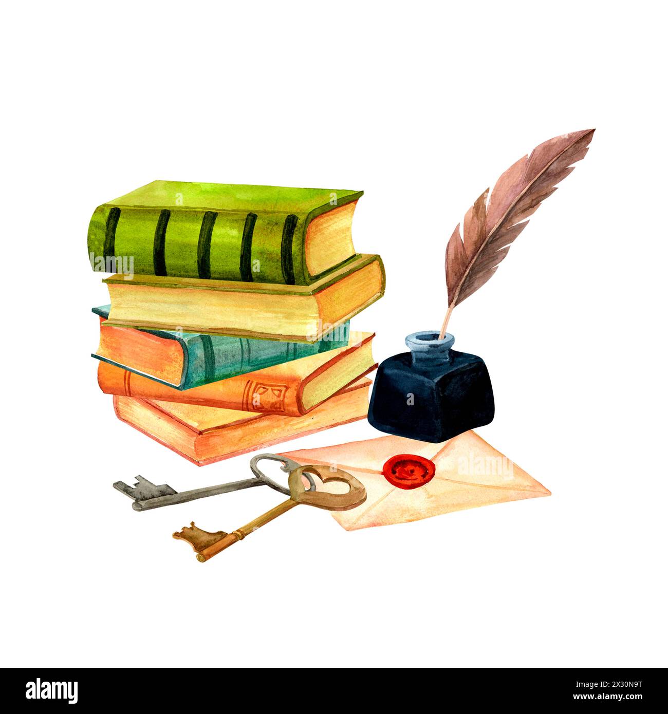 Books, feather ink pen and old key composition. Vintage reading clip ...