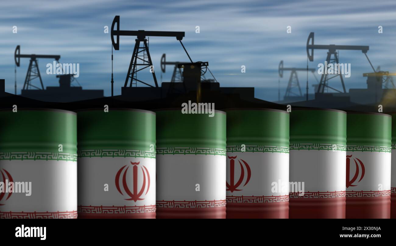 Iran oil crude petroleum fuel barrels in row concept. Iranian petrol ...