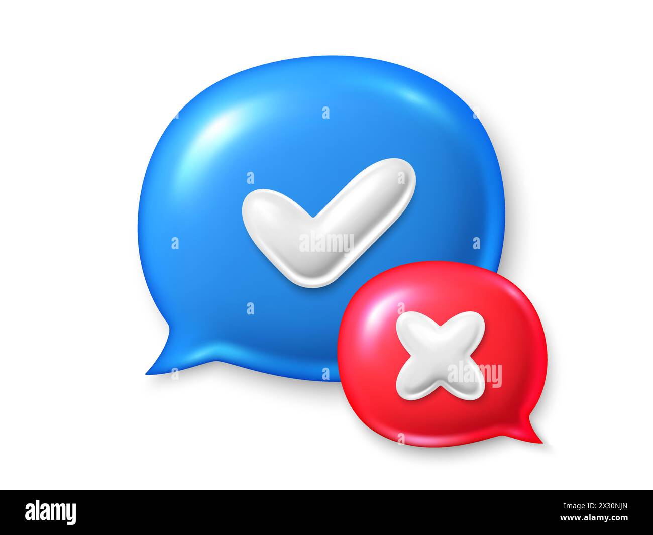 Right and wrong 3d speech bubbles. Quiz answer time game. Glossy round icons with a checkmark ...