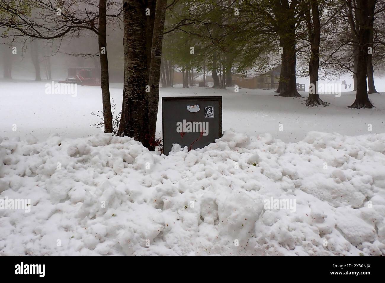 Electrical cabin covered by snow. On April 21st, heavy snowfall covered ...