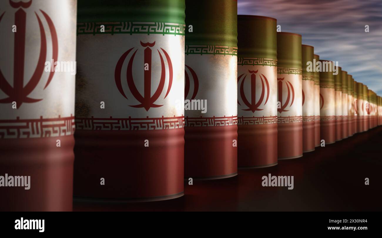 Iran oil crude petroleum fuel barrels in row concept. Iranian petrol ...
