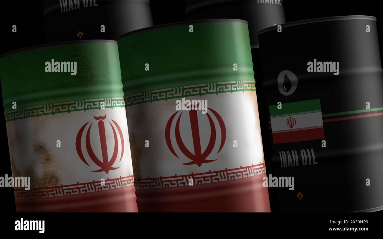 Iran oil crude petroleum fuel barrels in row concept. Iranian petrol ...