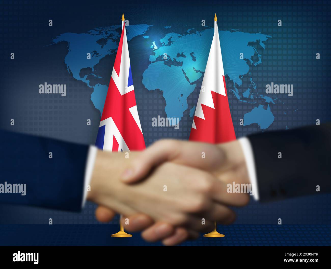 Two people shaking hands in front of Bahrain and UK flags Stock Photo ...